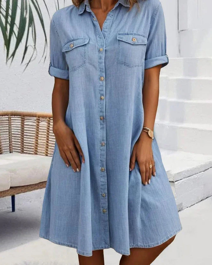 OLLIE - BUTTON-UP SHORT SLEEVE DENIM DRESS – North & Muse